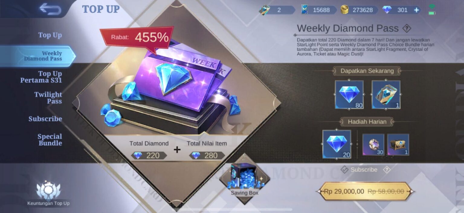 Limit Weekly Diamond Pass Mobile Legends Terbaru