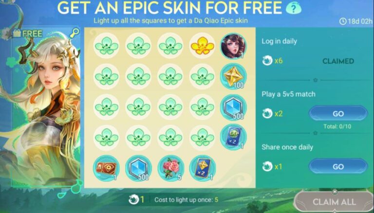 Light Up Squares HoK: Event Skin Epic Da Qiao Gratis!